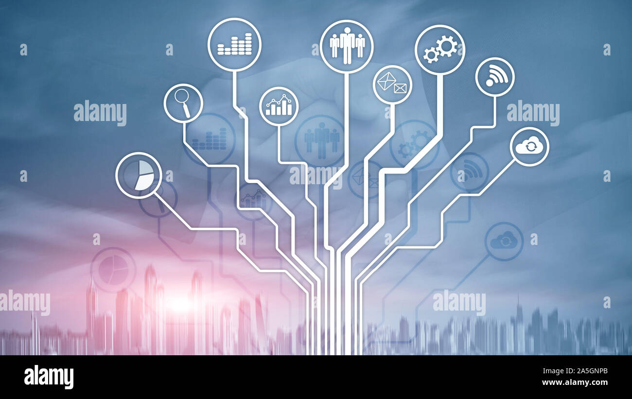 Business applications icons on blurred background. Financial and ...