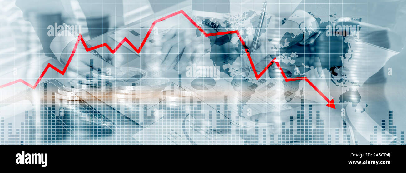 Chart with red down arrow on abstract background. Falling growth in ...