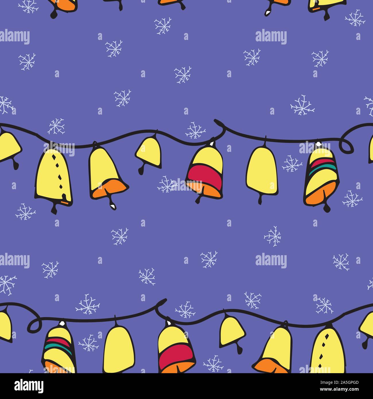 Christmas bells on a line in the snow, repeat pattern vector surface ...
