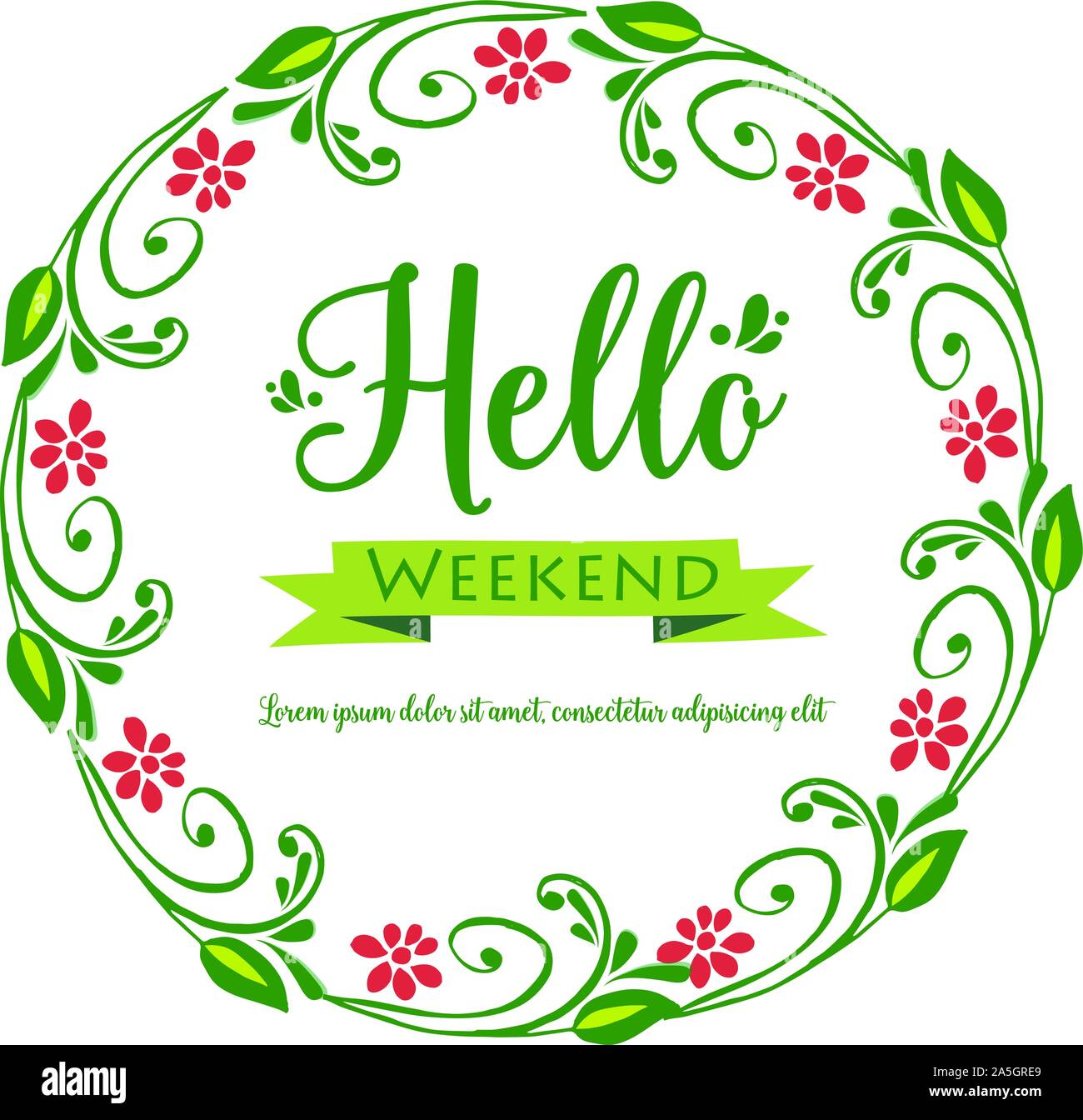 Cute green leafy floral frame, for template of card hello weekend ...
