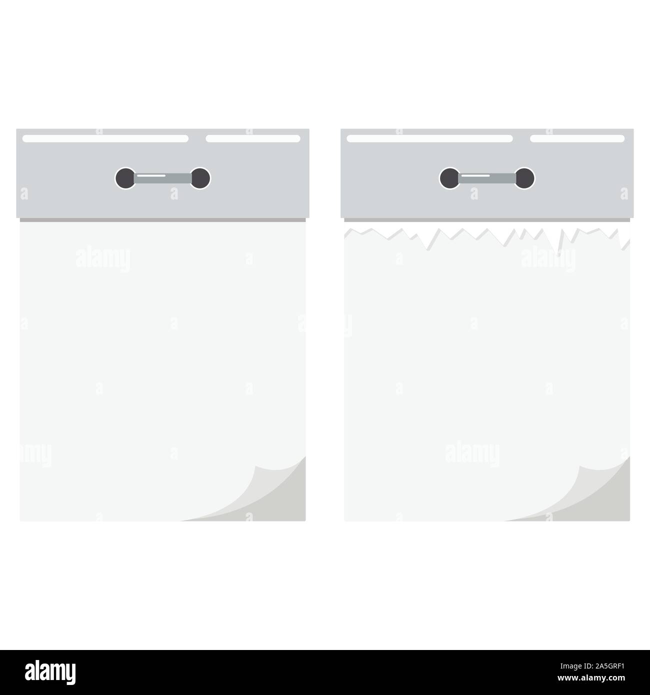 New and torn sheet empty blank white tear-off paper and silver metal wall calendar icon set ...