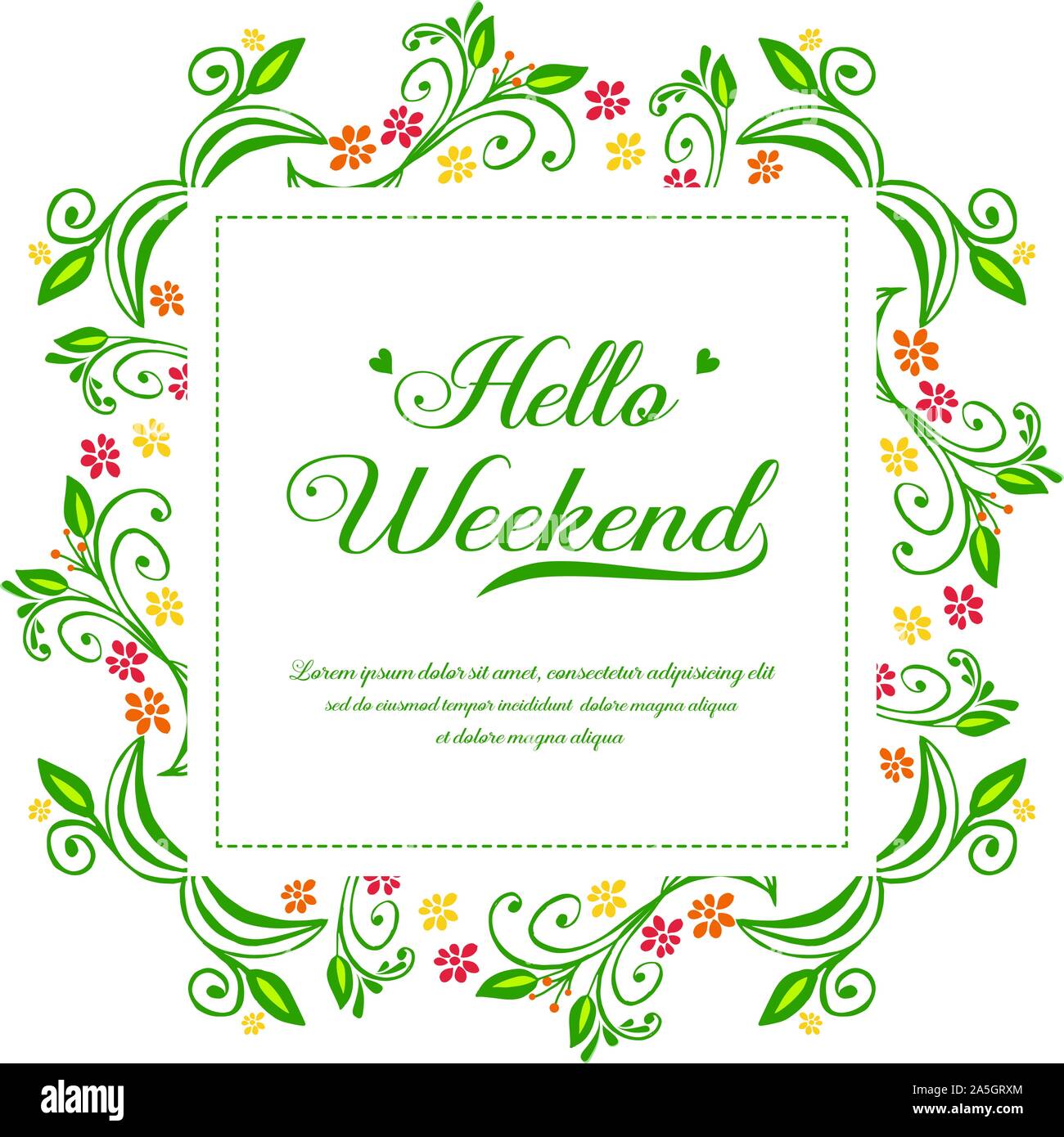 Design banner hello weekend, with wallpaper art of red flower frame ...