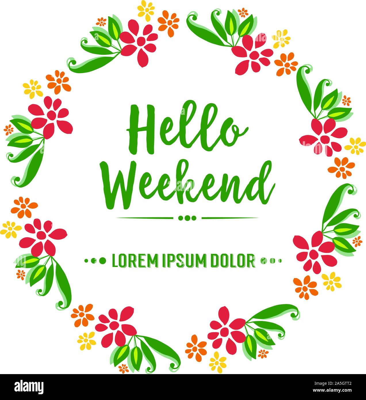 Design banner hello weekend, with wallpaper art of red flower frame ...