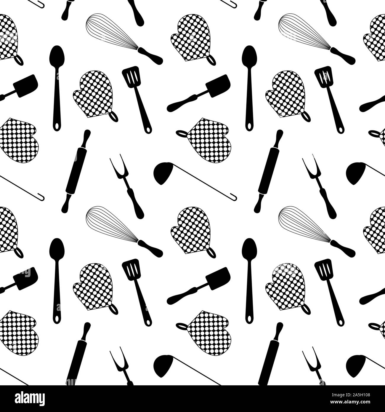 Seamless pattern with kitchen supplies. Black objects on white ...