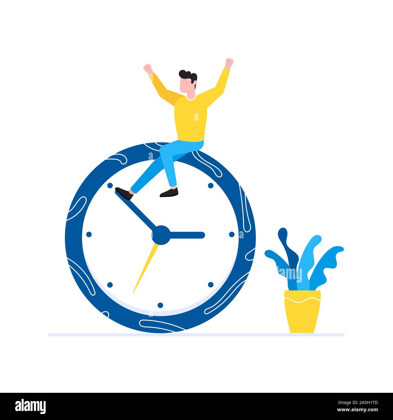 Adult men sittinh on the clock and holding time arrow with leg time ...