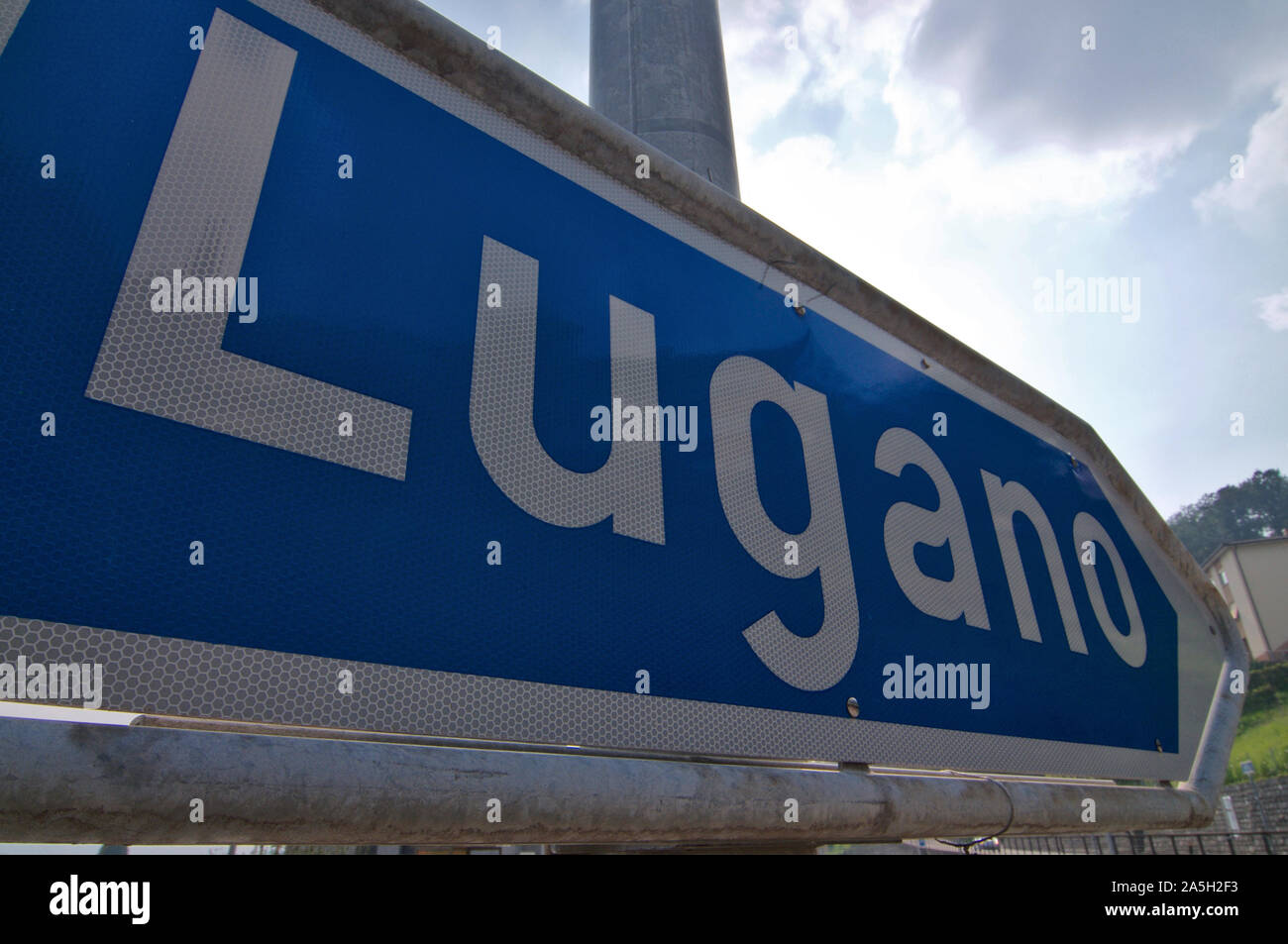 Blue Lugano city road sign captured in the Ticino Canton, Switzerland ...