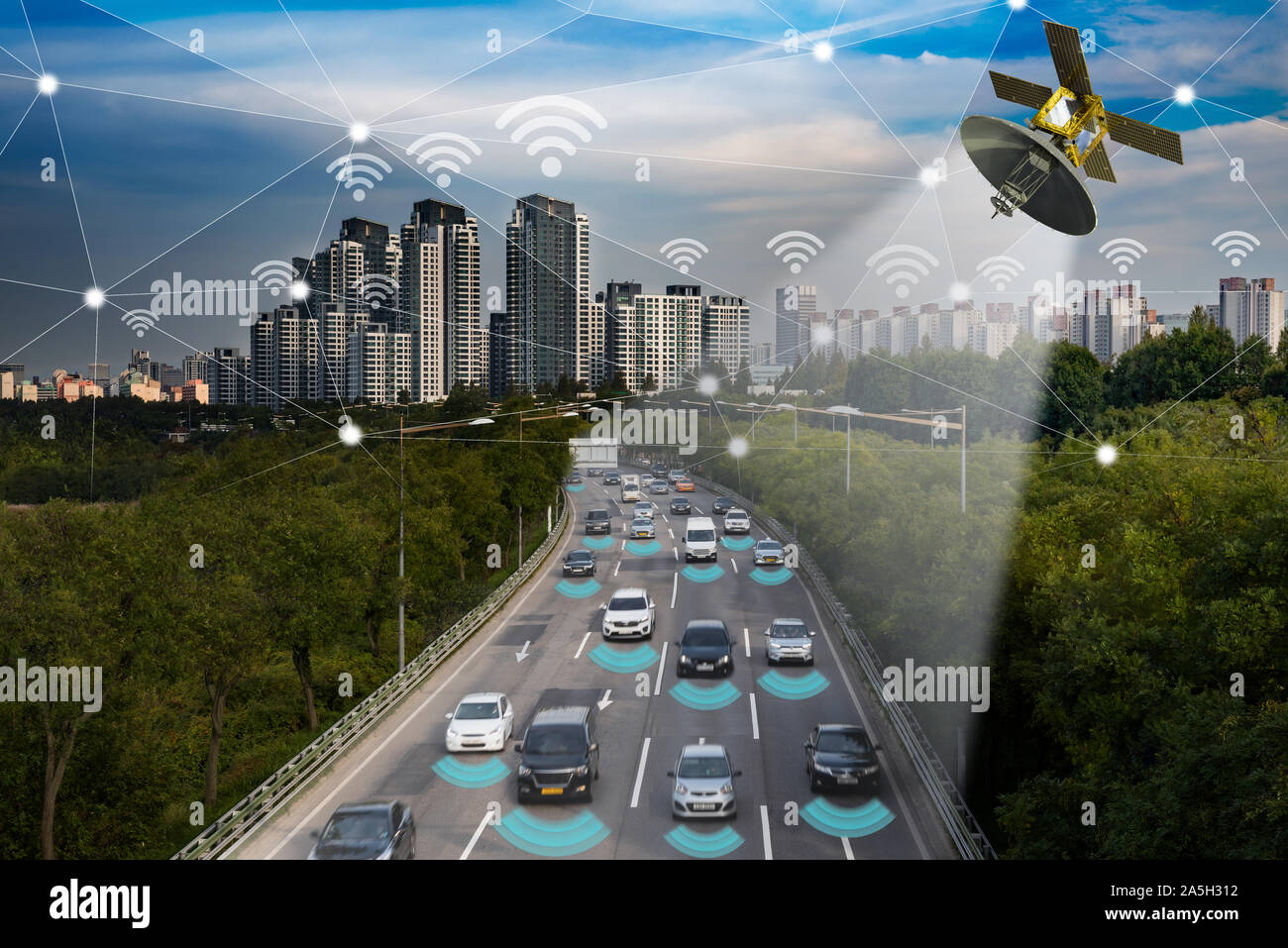 Smart car, Autonomous self-driving mode vehicle on metro city road IoT ...