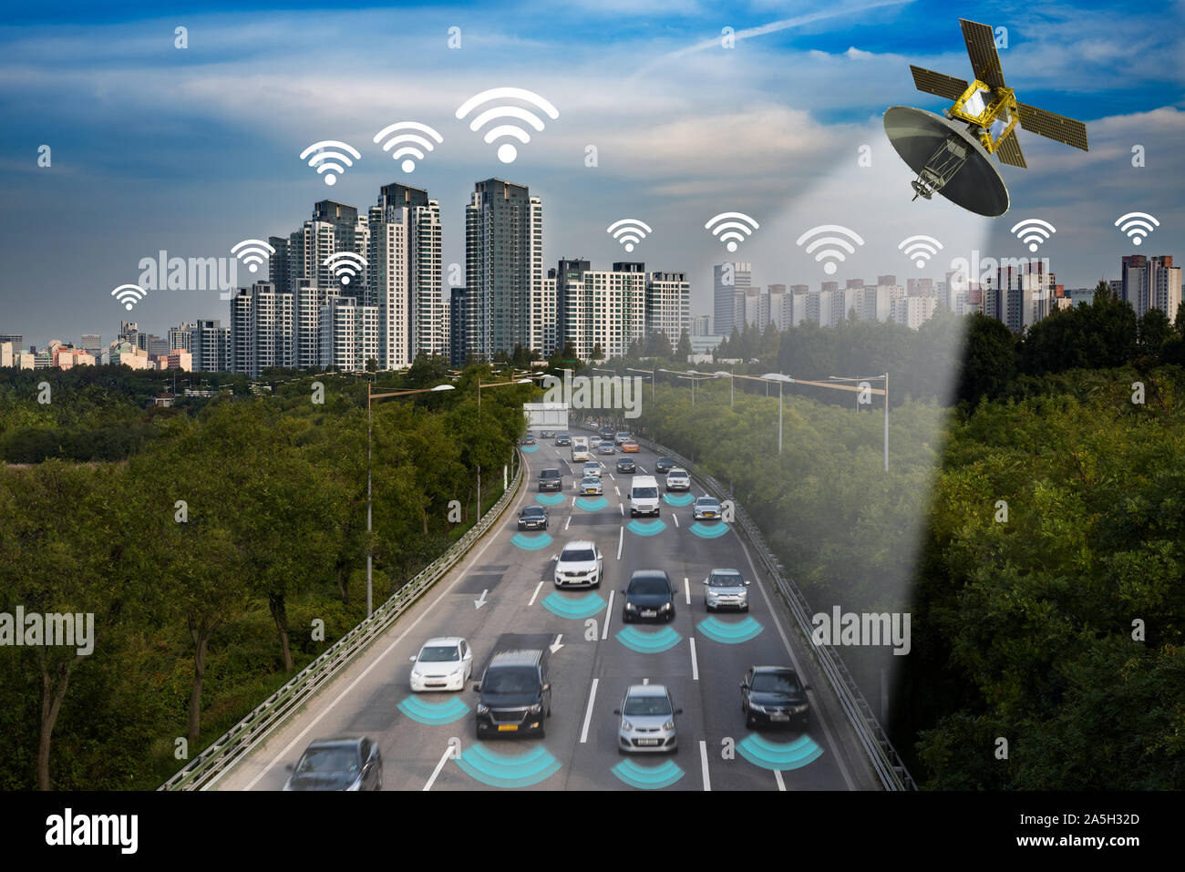 Smart car, Autonomous self-driving mode vehicle on metro city road IoT ...