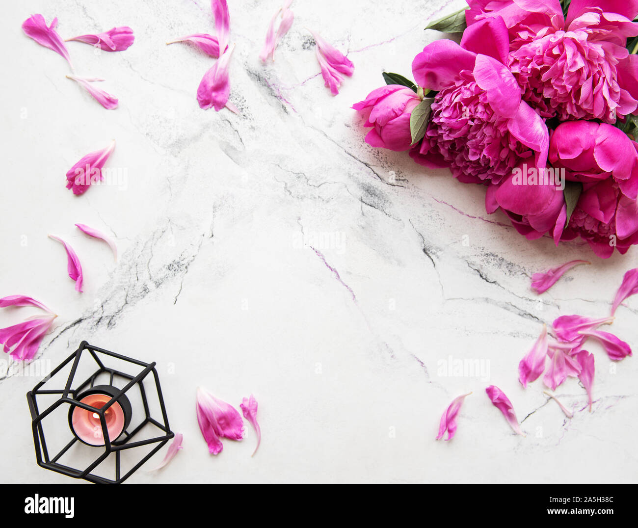Background with pink peonies on a marble background Stock Photo - Alamy