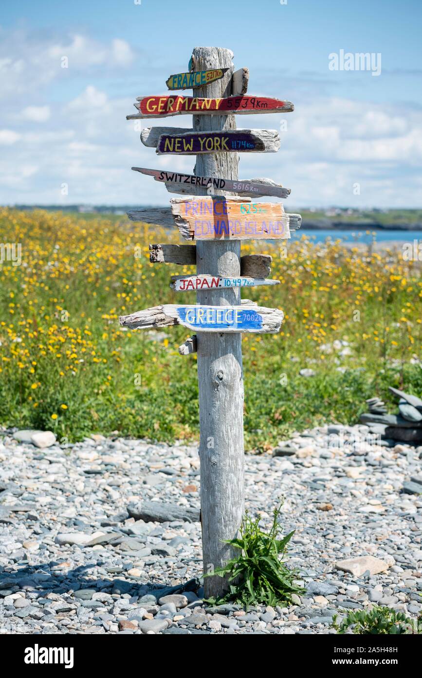 Direction sign in different directions, distance indicator, Cape Forchu ...