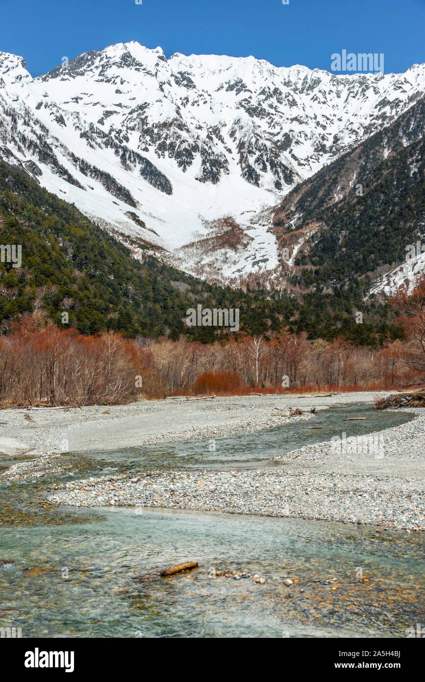 Azusa River, Mount Hotaka snow covered in the back, Japanese Alps ...