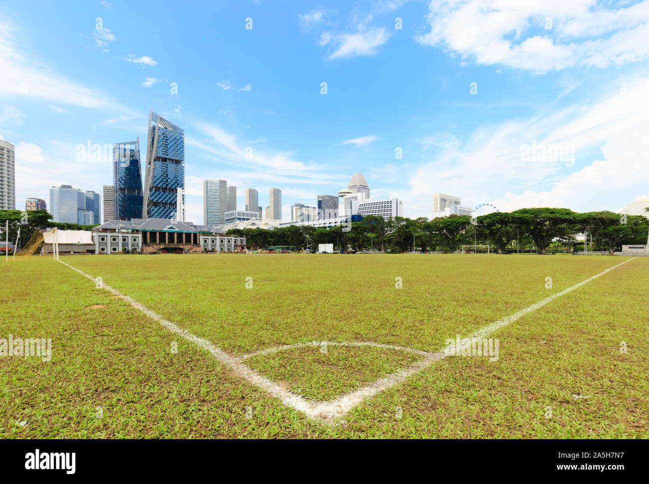 Singapore-05 MAY 2018:Football field big lawn near Singapore marina bay ...