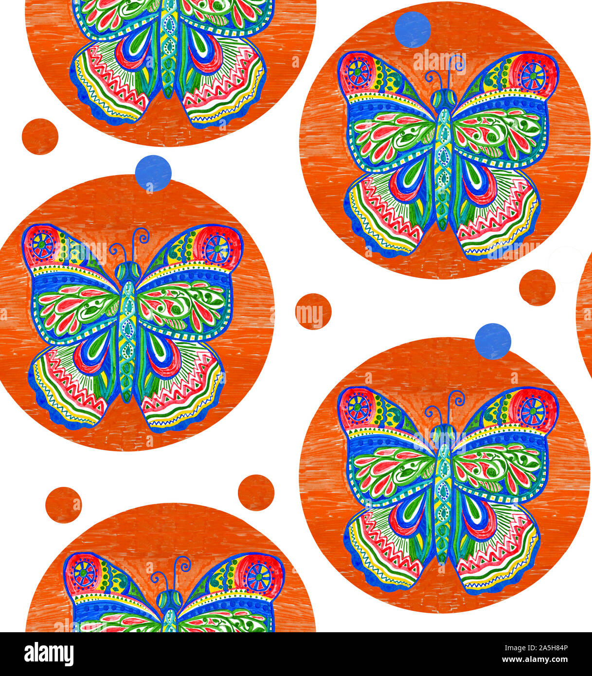 Handmade colorful butterfly in red circle on white background ...