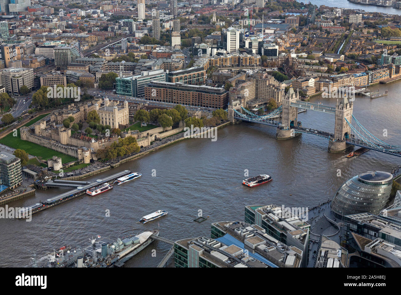An aerial view looking down on the River Thames in London, with the ...