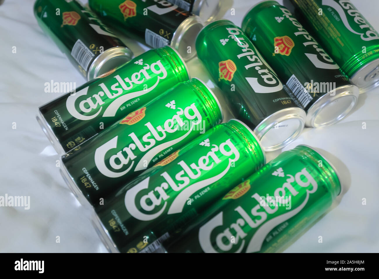 Batam, Indonesia-26 MAY 2018:Carlsberg beer can On White Background. The Carlsberg Group is a ...