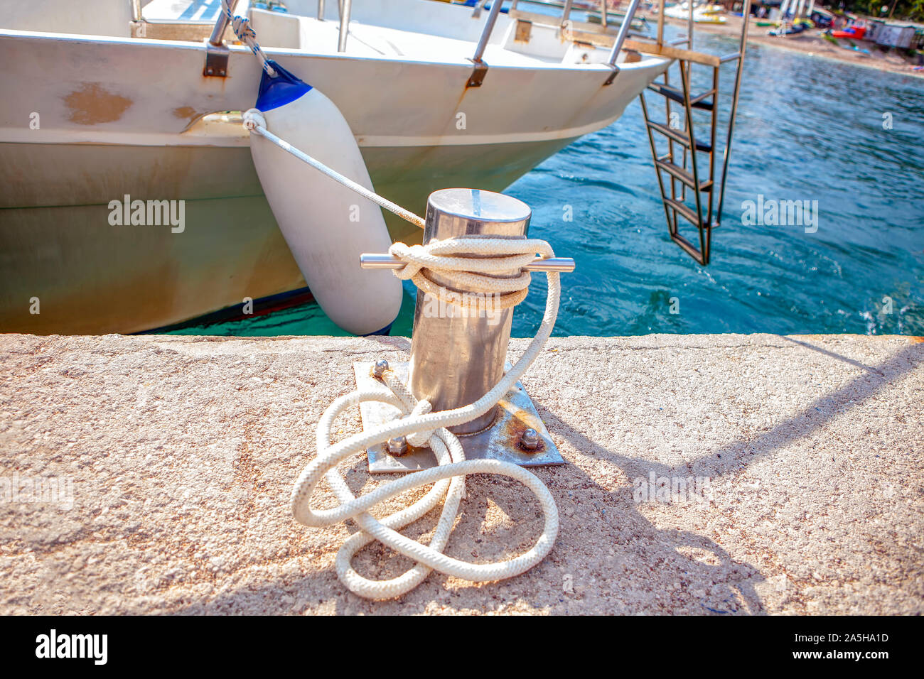 ship mooring , marine ropes on the berth Stock Photo - Alamy