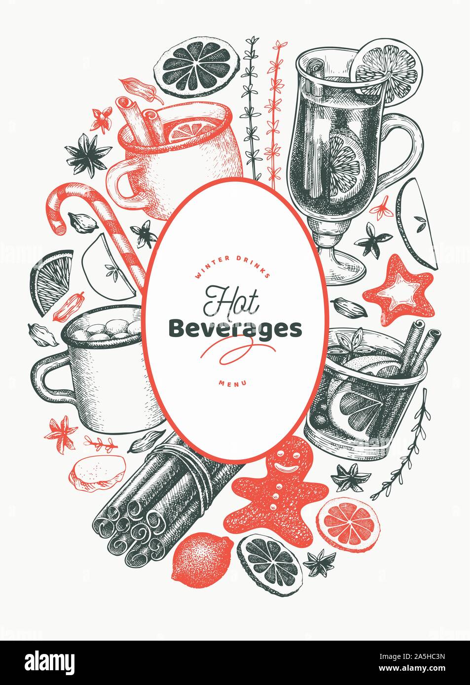 Winter drinks vector design template. Hand drawn engraved style mulled ...