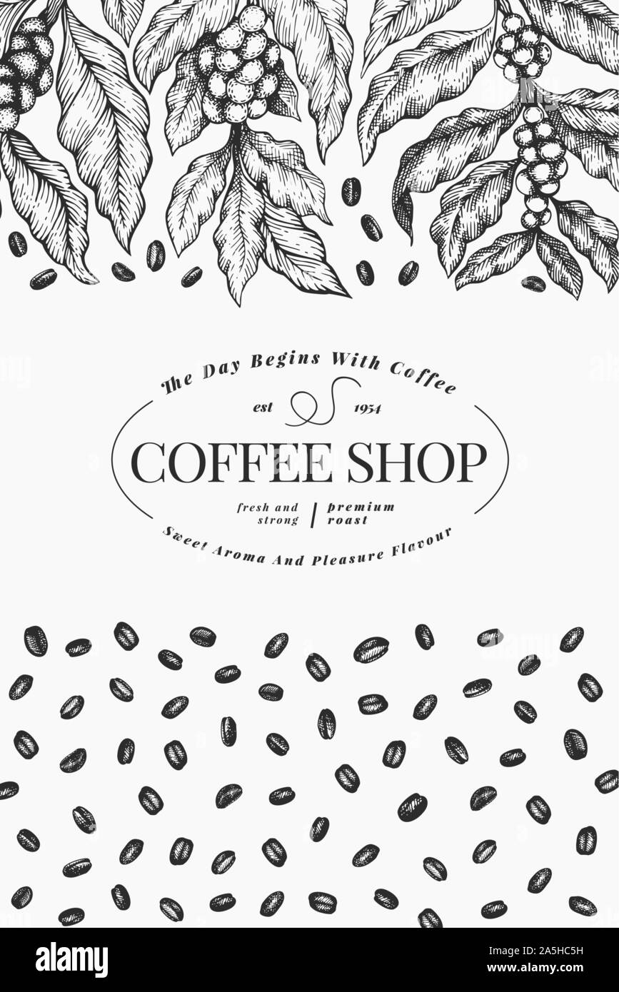 Coffee vector design template. Retro coffee background. Hand drawn ...