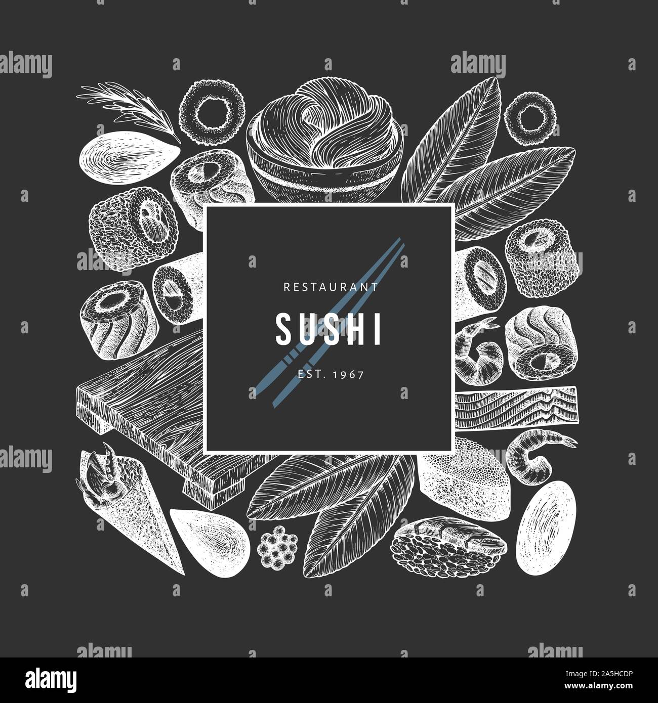 Japanese cuisine design template. Sushi hand drawn vector illustration ...