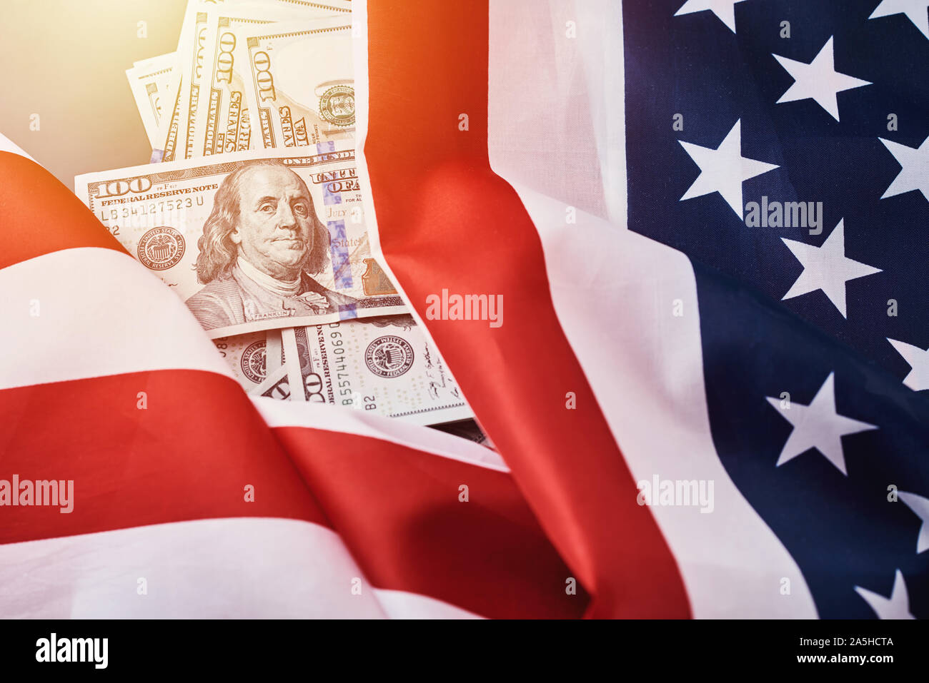 USA national flag and currency usd money banknotes. Business and ...