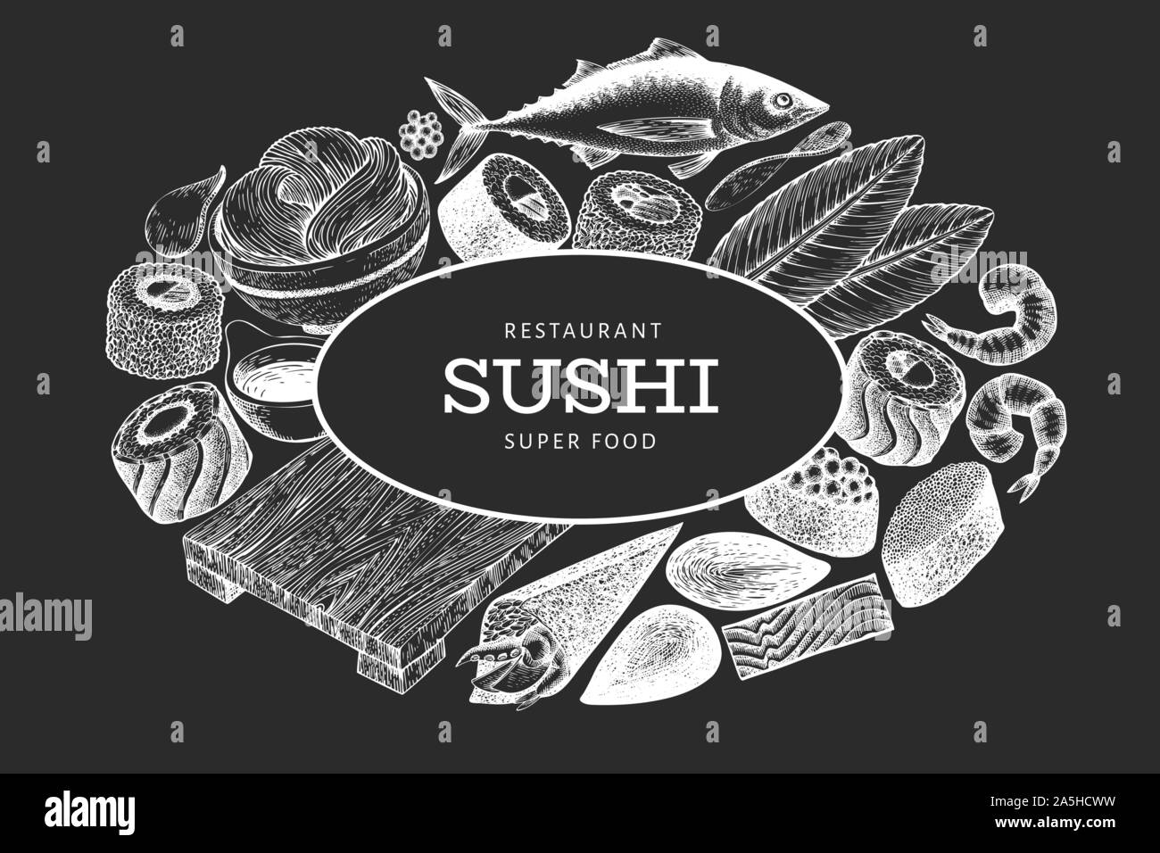 Japanese cuisine design template. Sushi hand drawn vector illustration ...