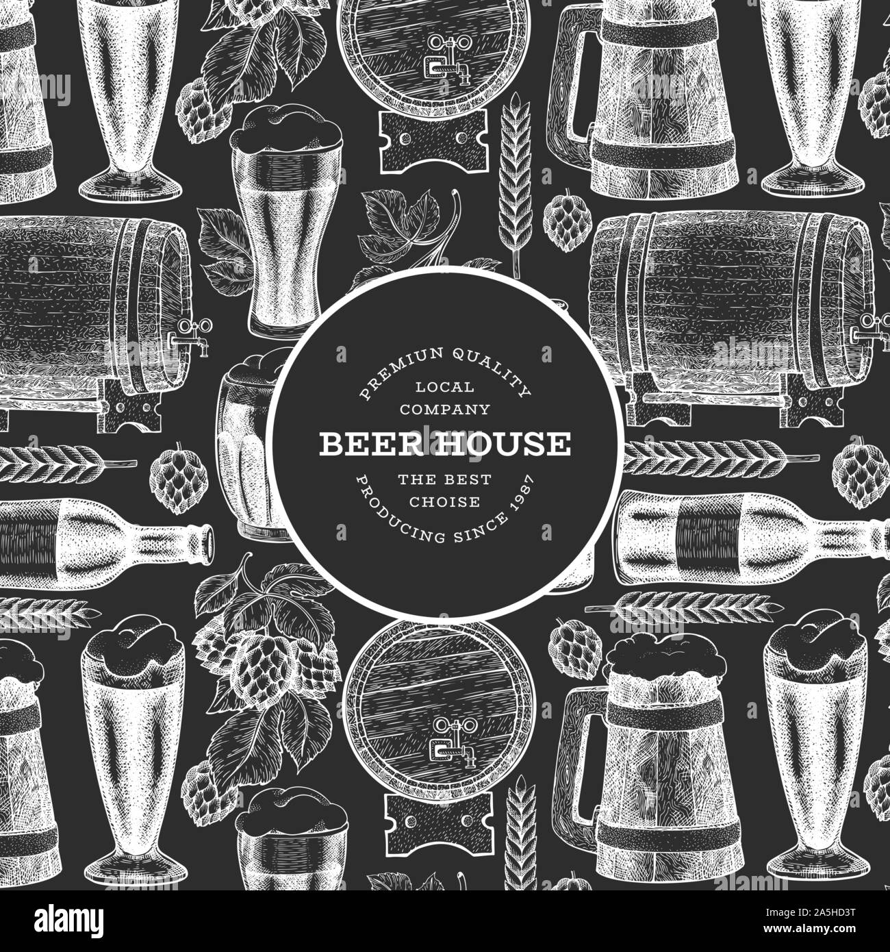 Beer glass mug and hop design template. Hand drawn vector pub beverage ...