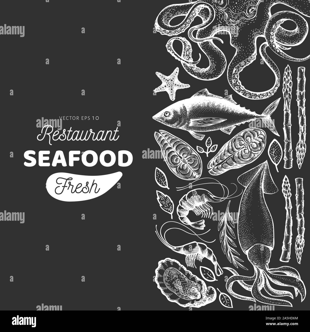 Seafood and fish design template. Hand drawn vector illustration on ...