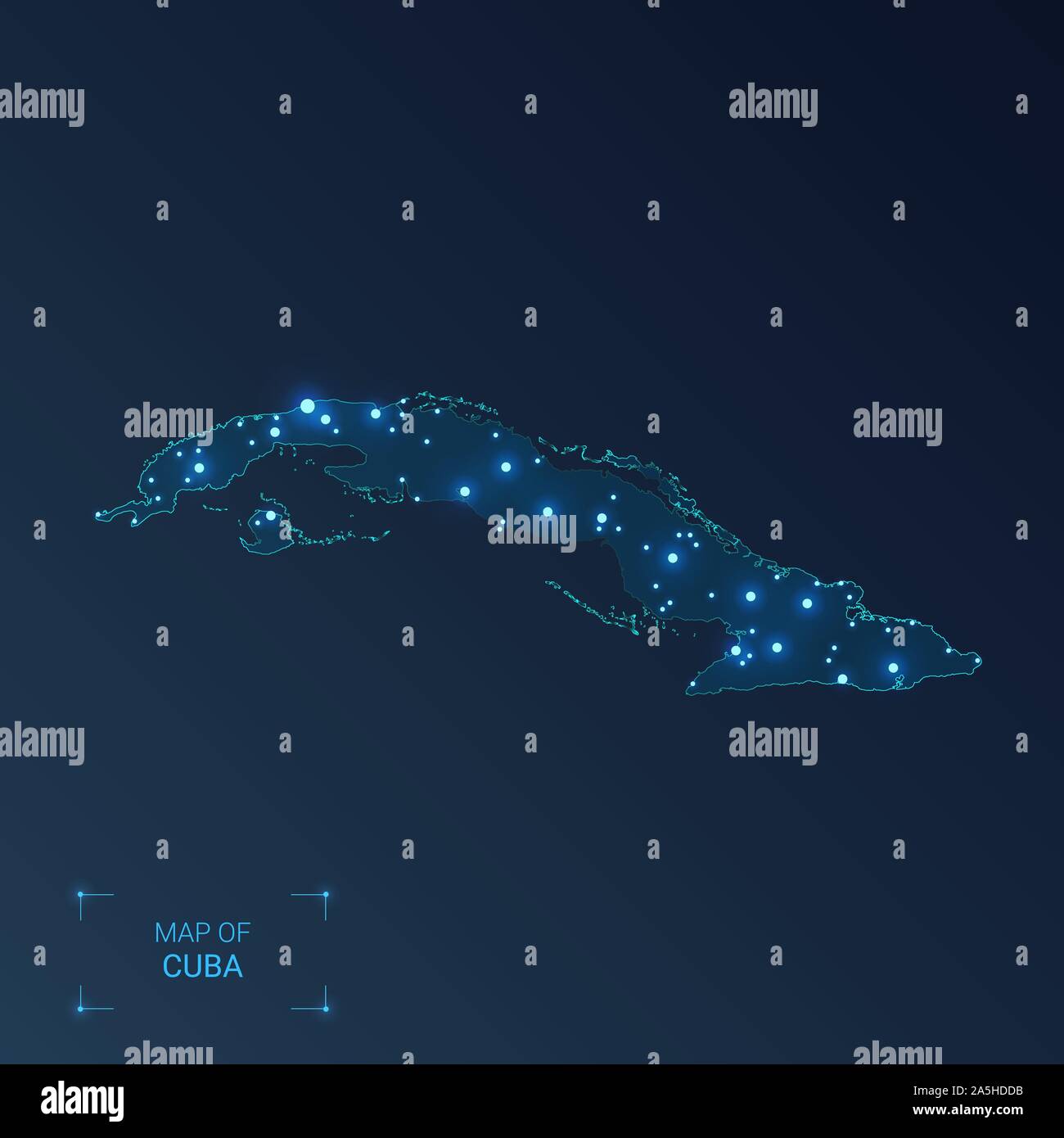 Cuba map with cities. Luminous dots - neon lights on dark background ...
