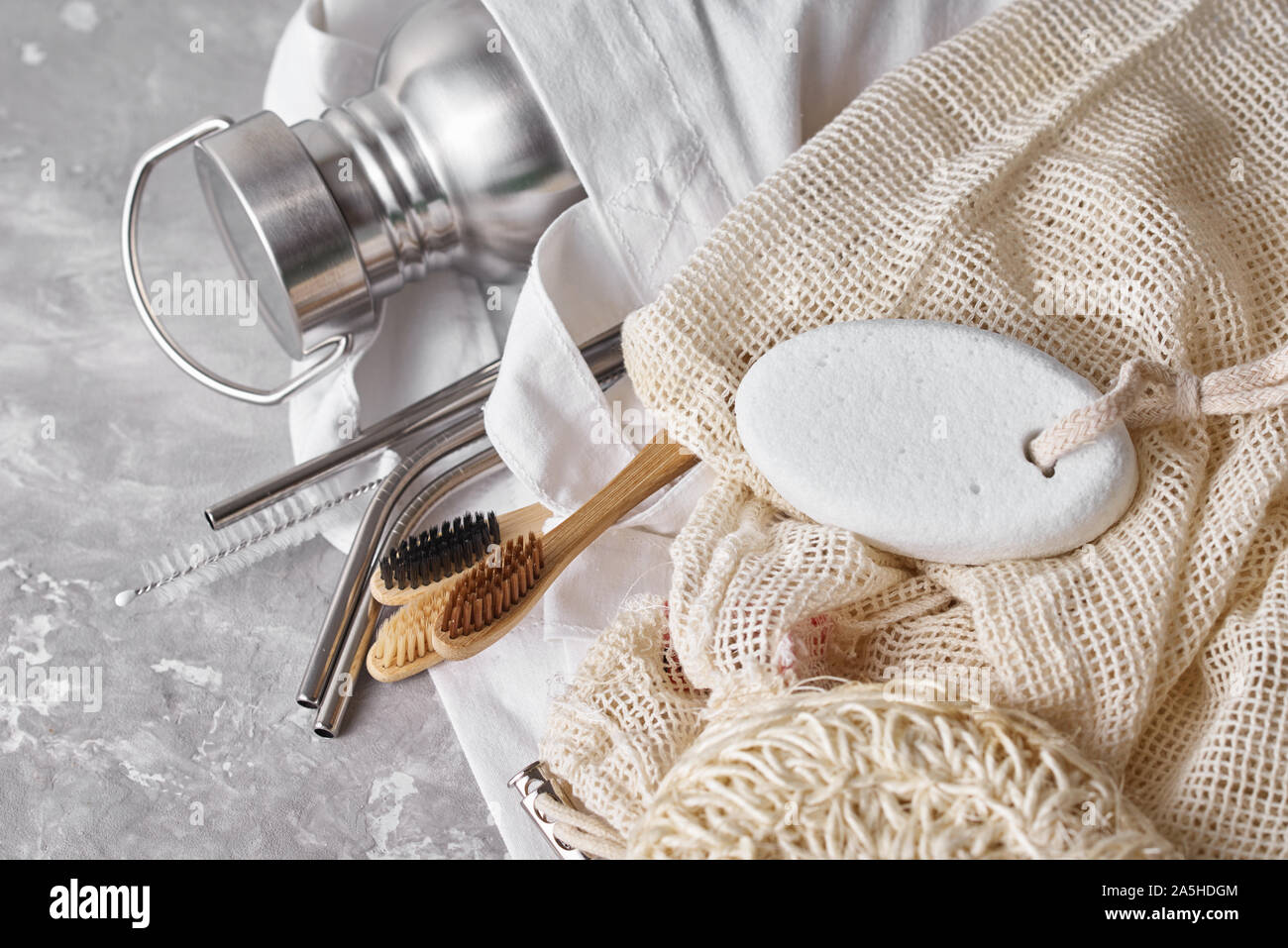 Zero waste concept. Eco friendly reusable items in natural shopping bag ...