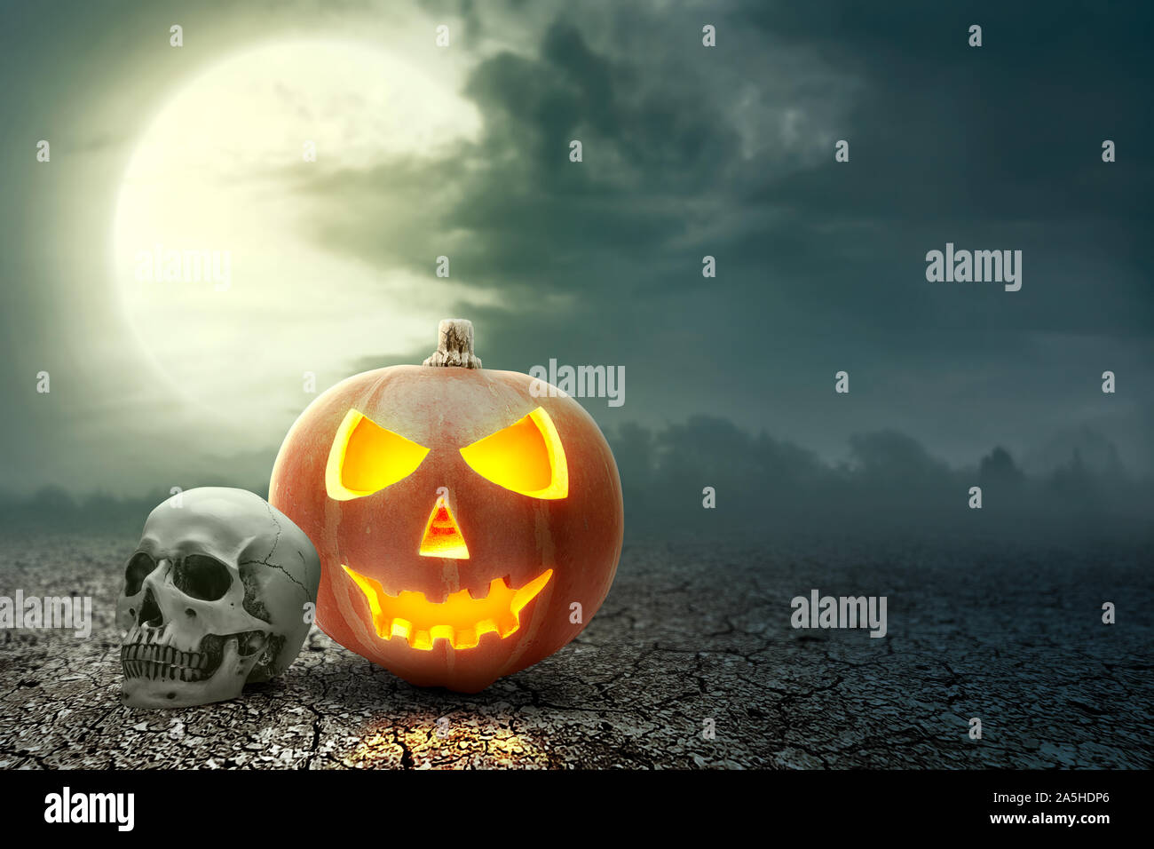 Jack-o-Lantern and human skull on the cracked ground with moonlight ...