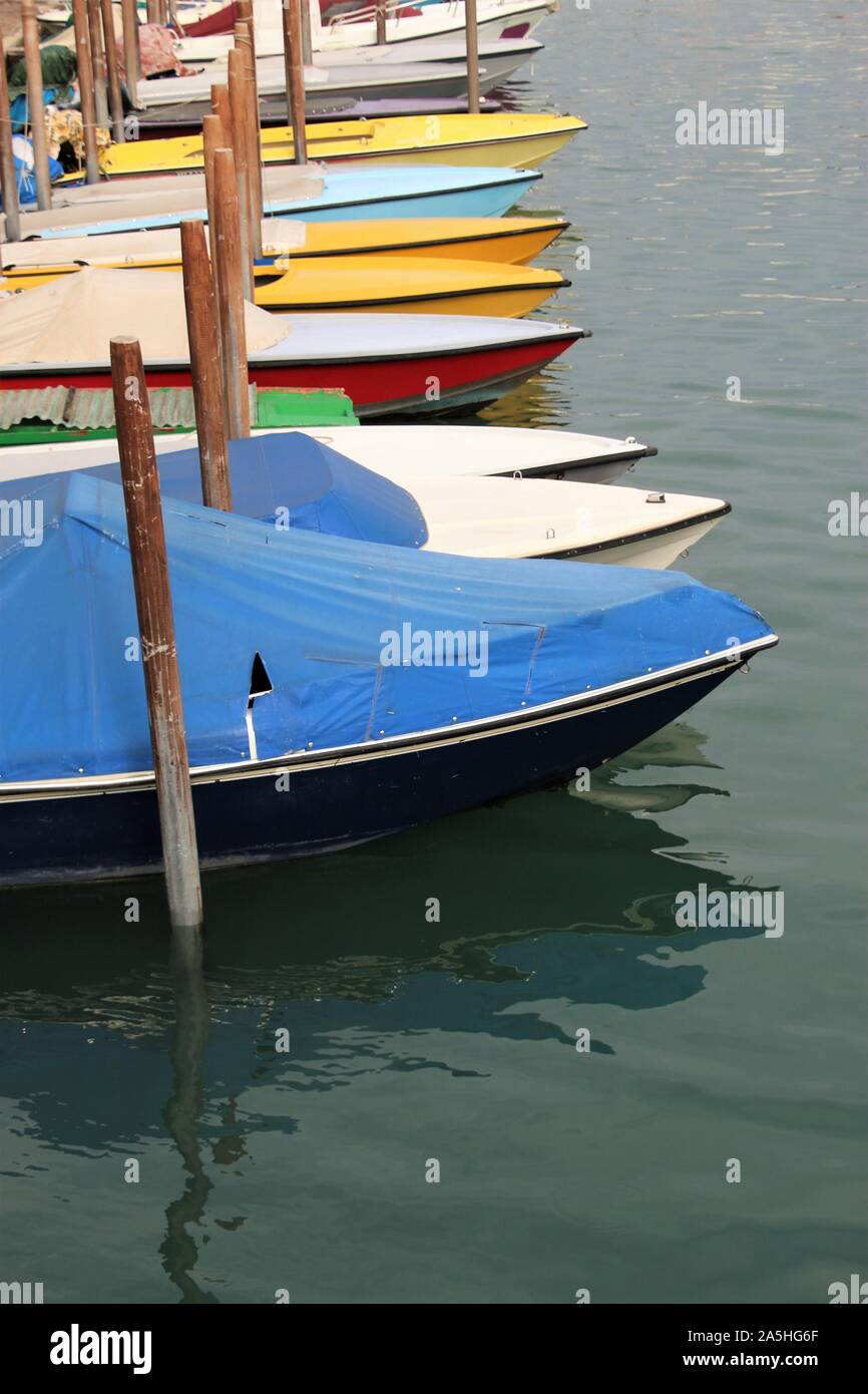 Boats in a small marina in Venice, Castello district. Italy, South ...