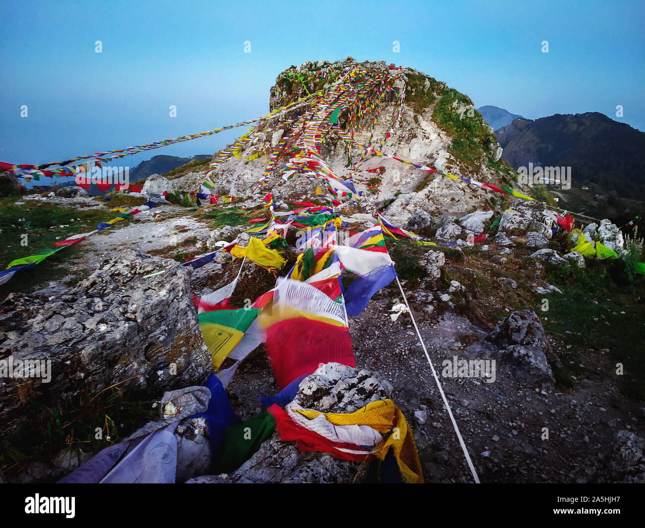 Colorful flags on the Mountain top Stock Photo - Alamy