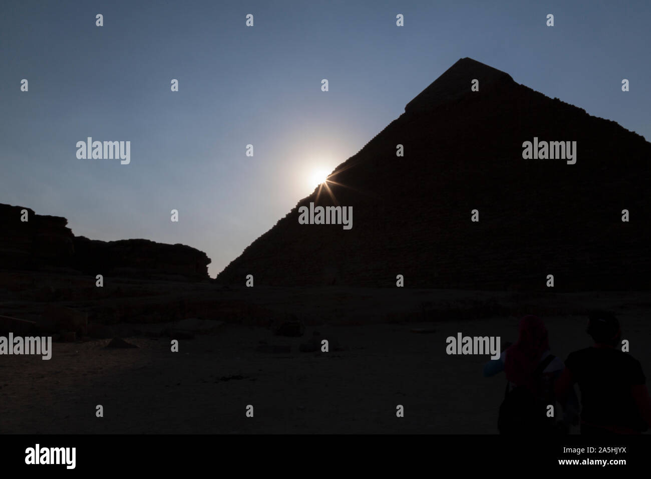 Egypt, Giza, silhouette of the main pyramid at the great Pyramids at ...