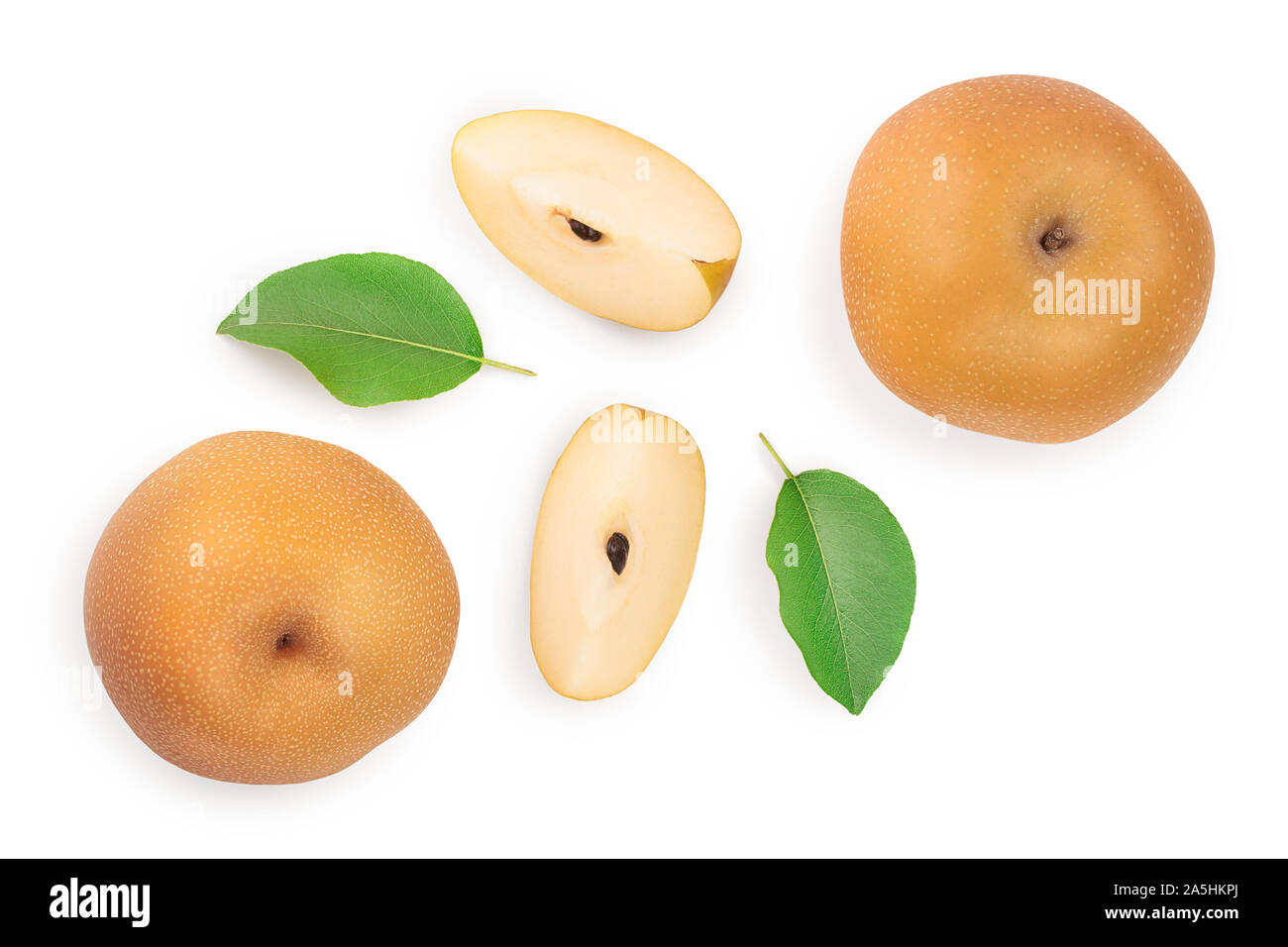 Fresh asian pear with leaves isolated on white background. Top view ...