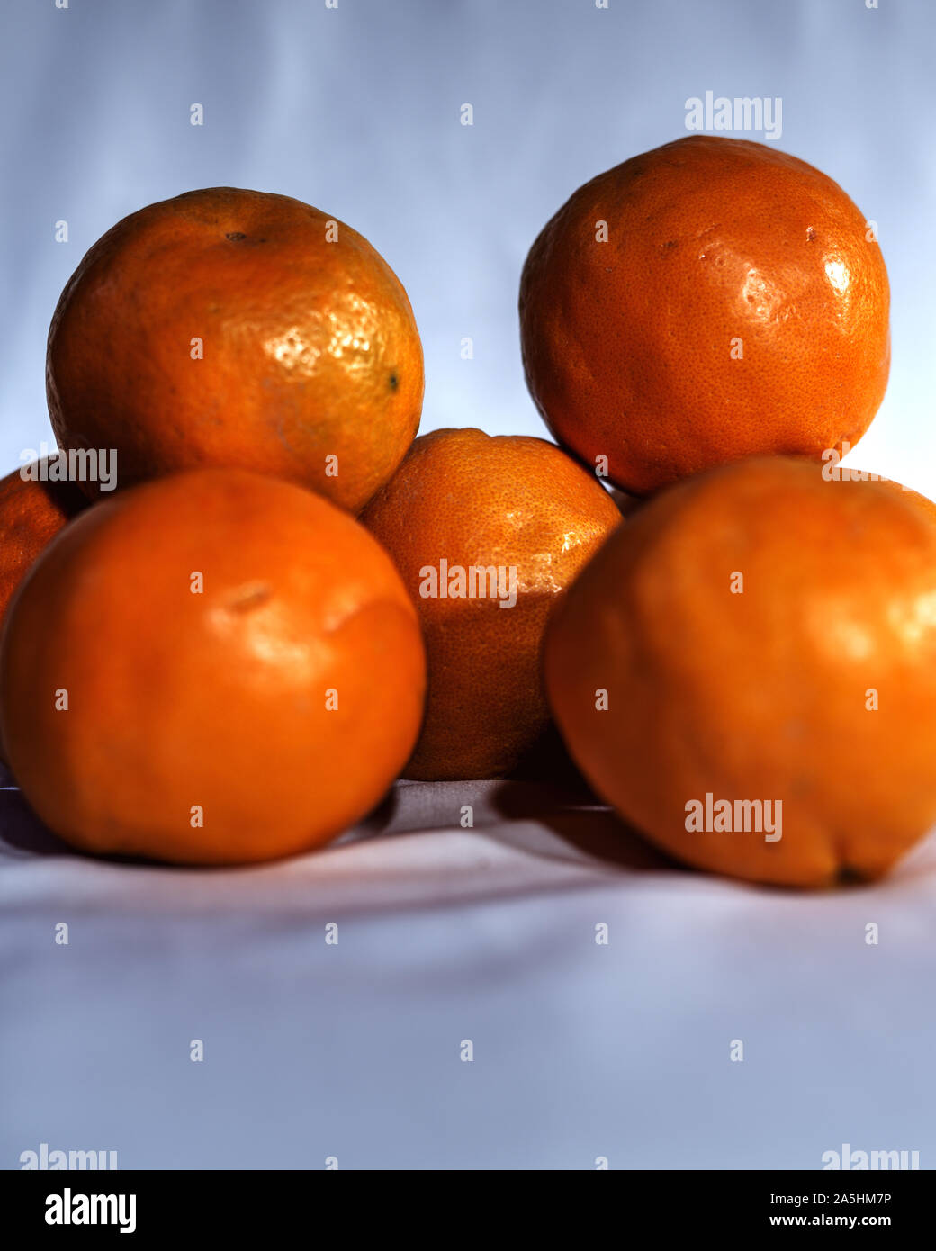 five orange fruits on white background Stock Photo - Alamy