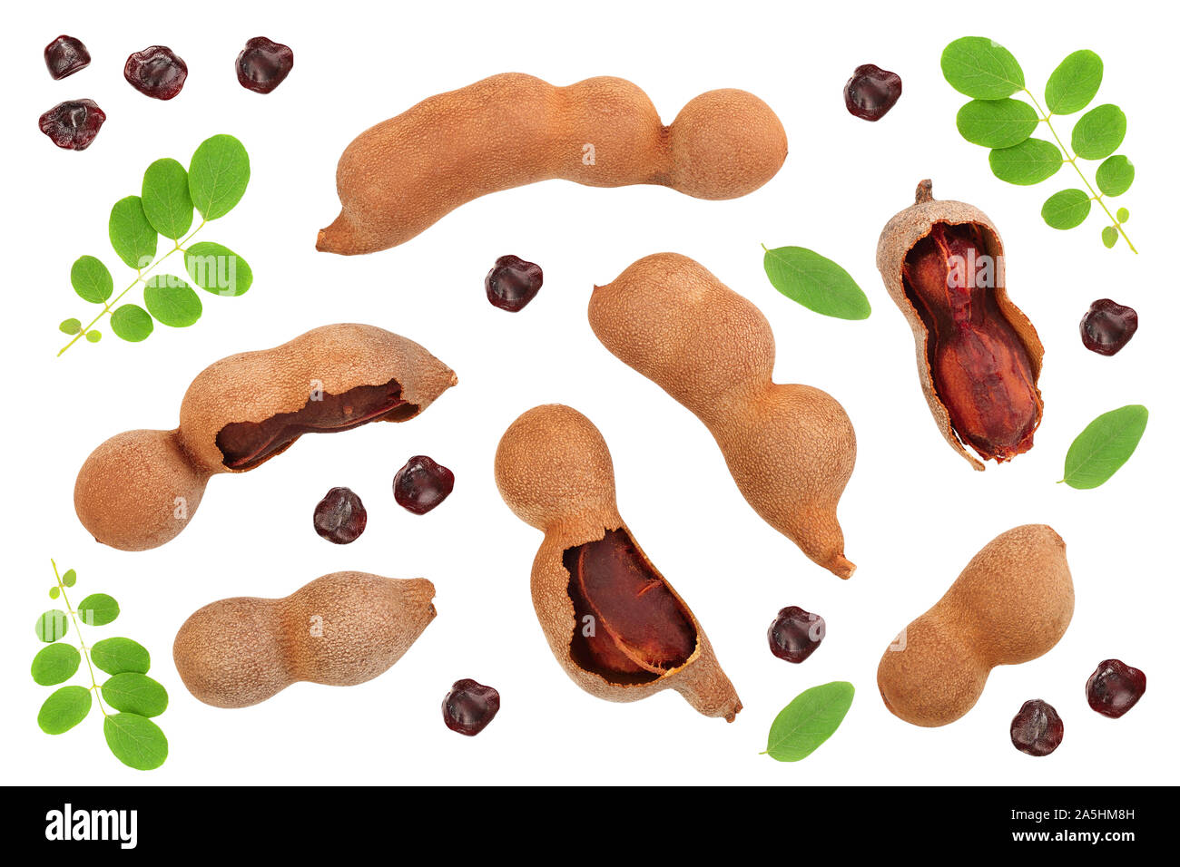 Tamarind fruit isolated on white background, Top view. Flat lay. Set or ...