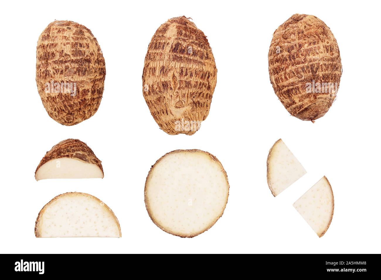 fresh taro root isolated on white background. Top view. Flat lay. Set ...