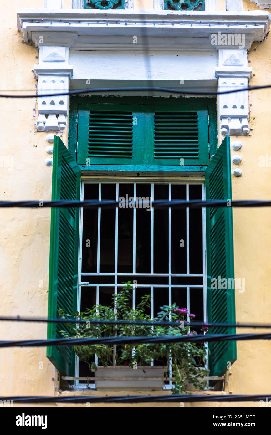 Old colonial window wooden architecture in Hanoi Vietnam South East ...