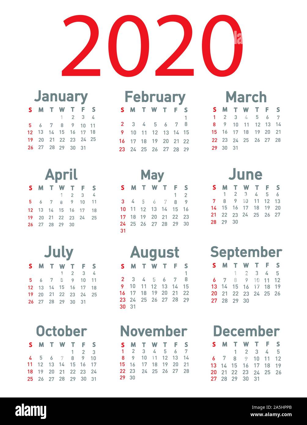 Calendar for 2020 vector illustration Stock Vector Image & Art - Alamy