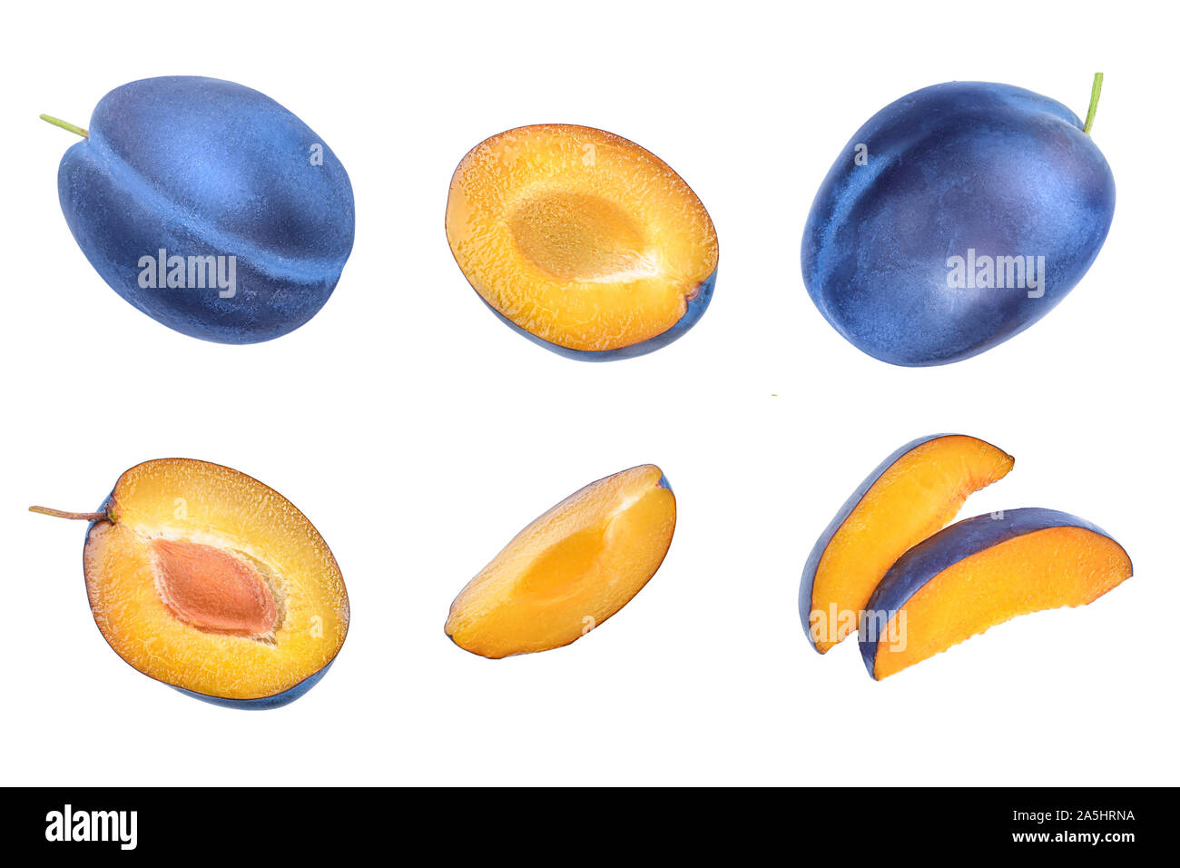 fresh blue plum and half isolated on white background. Top view. Flat ...