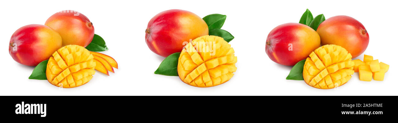 Mango fruit half with leaves and slices isolated on white background ...