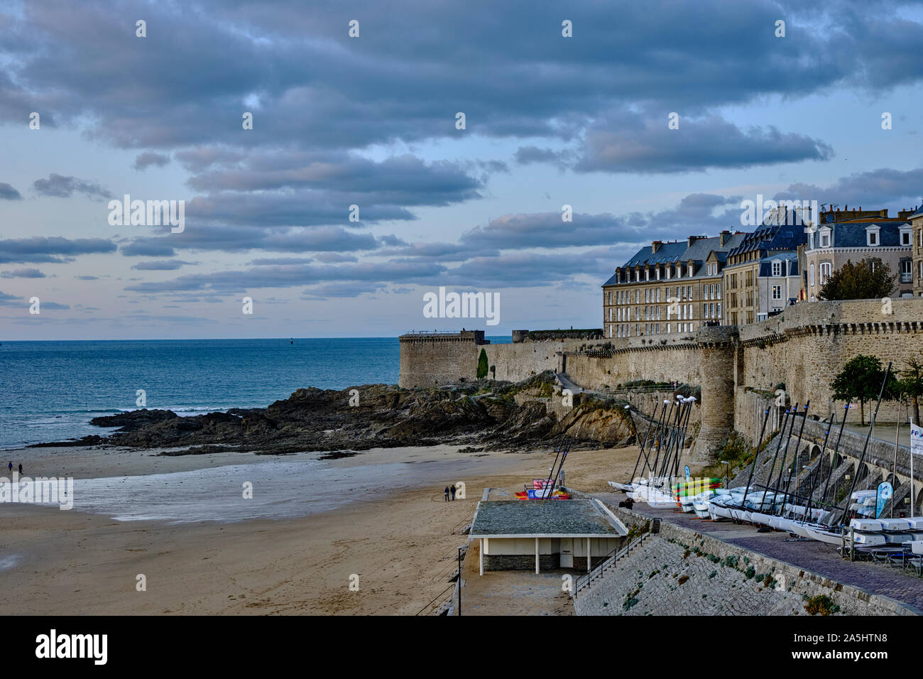 Beach Bon Secours and the walled city of Saint Malo in Brittany France ...