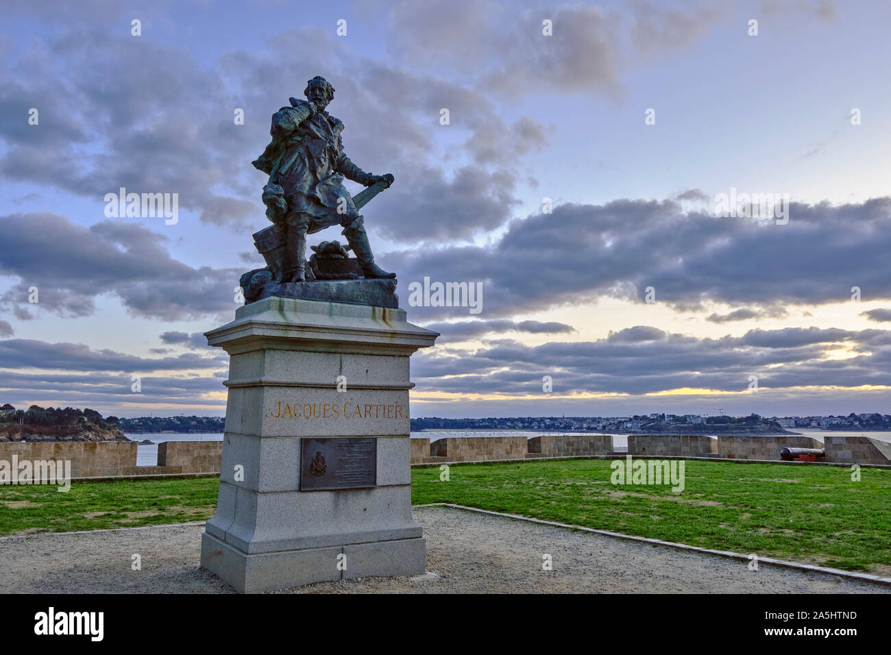 statue of Jacques Cartier explorer of Canada in the walled city of ...