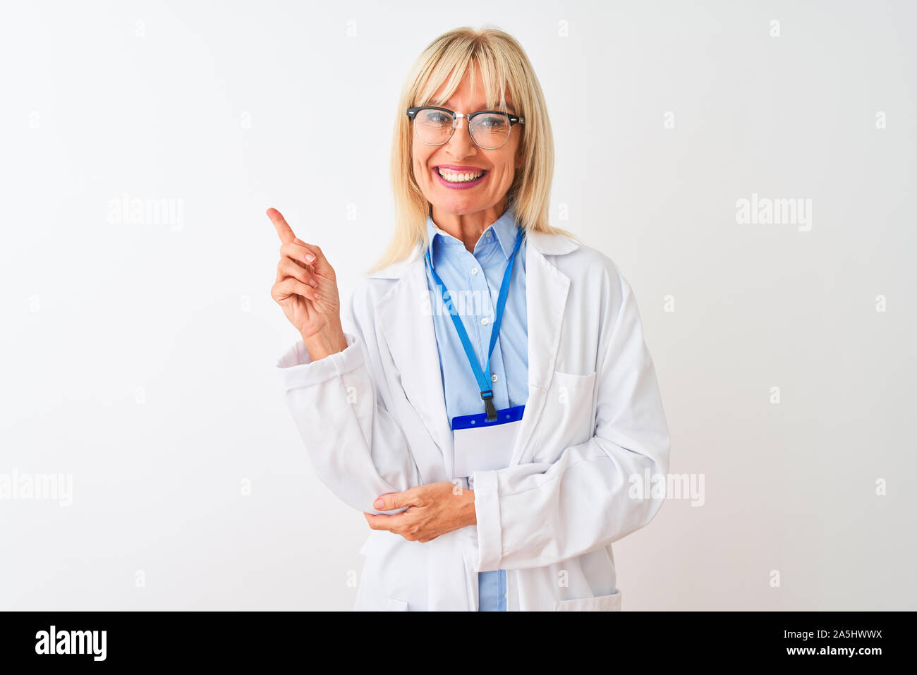 Middle age scientist woman wearing glasses and id card over isolated ...