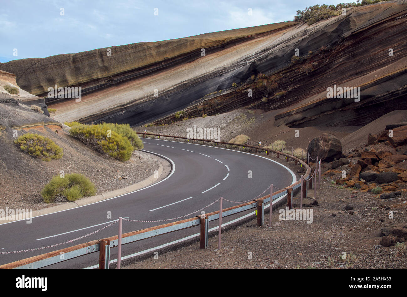 Mirador la Tarta (The Cake) in Teide National Park, shows layers of multi-coloured volcanic ...