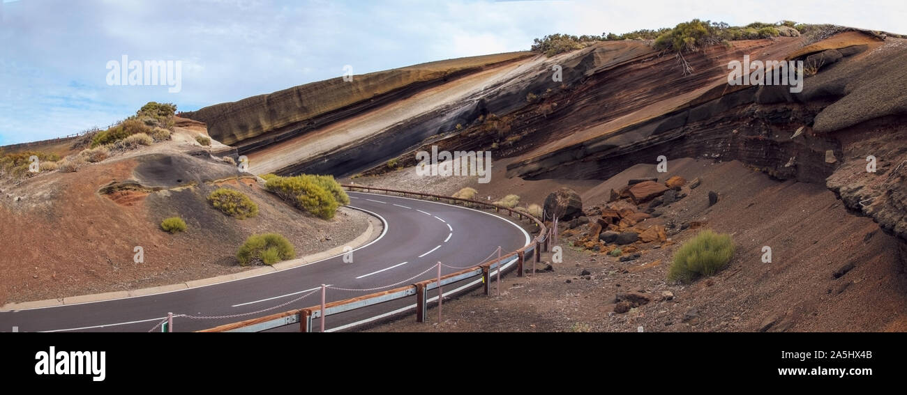 Mirador la Tarta (The Cake) in Teide National Park, shows layers of multi-coloured volcanic ...