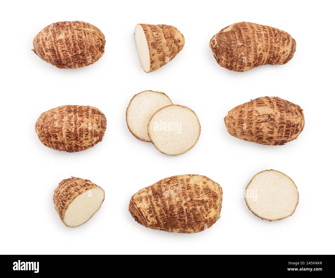 fresh taro root isolated on white background. Top view. Flat lay. Set ...