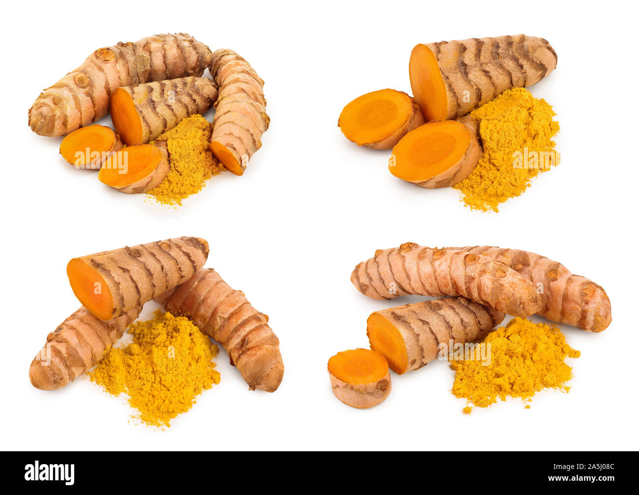 Set or collection turmeric powder and turmeric root isolated on white ...