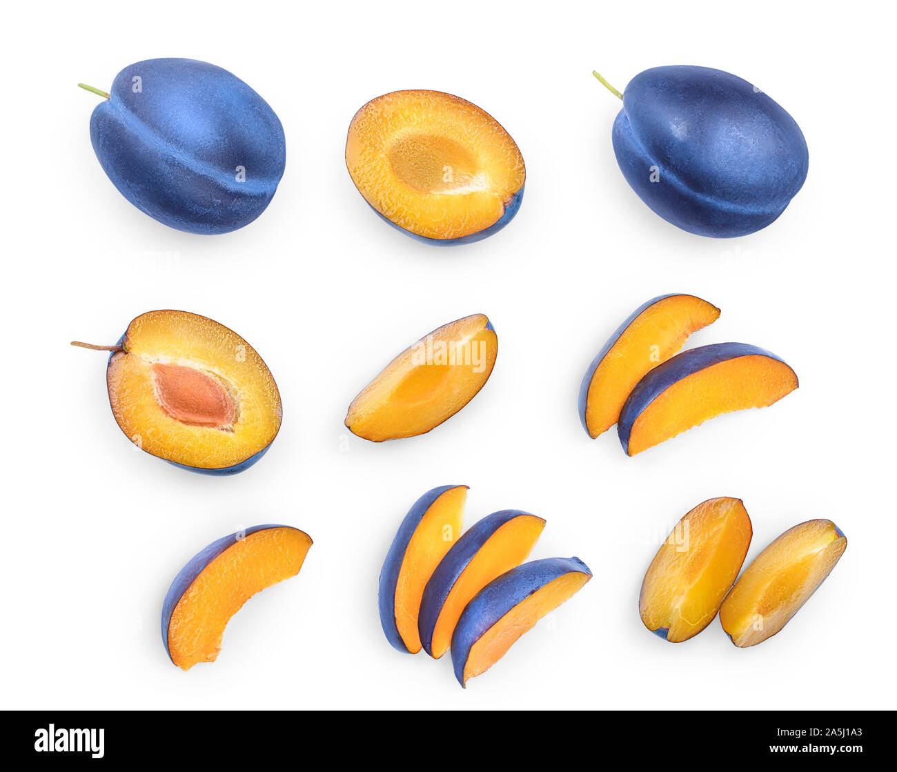 fresh blue plum and half isolated on white background. Top view. Flat ...