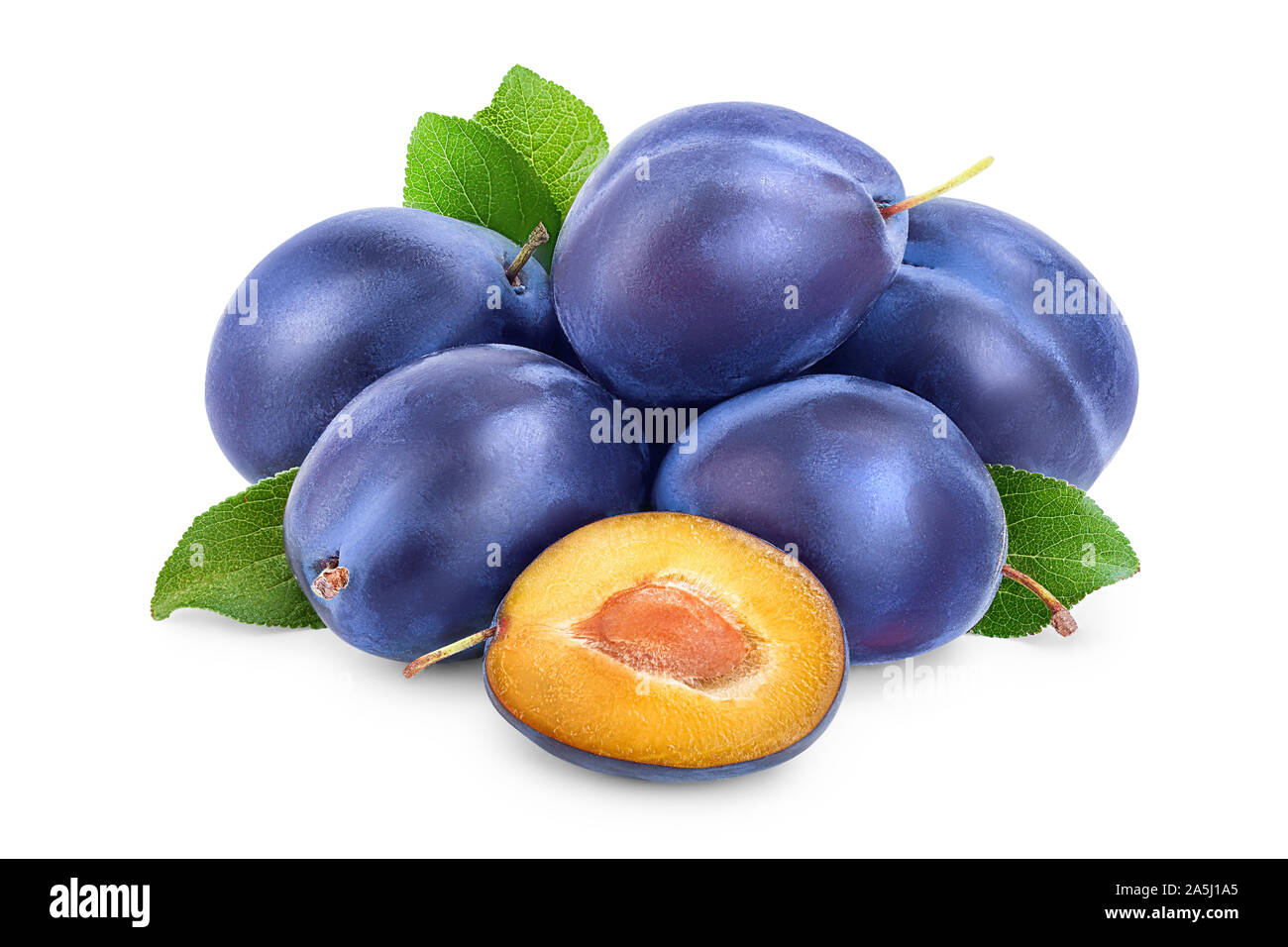fresh blue plum and half with leaves isolated on white background Stock ...